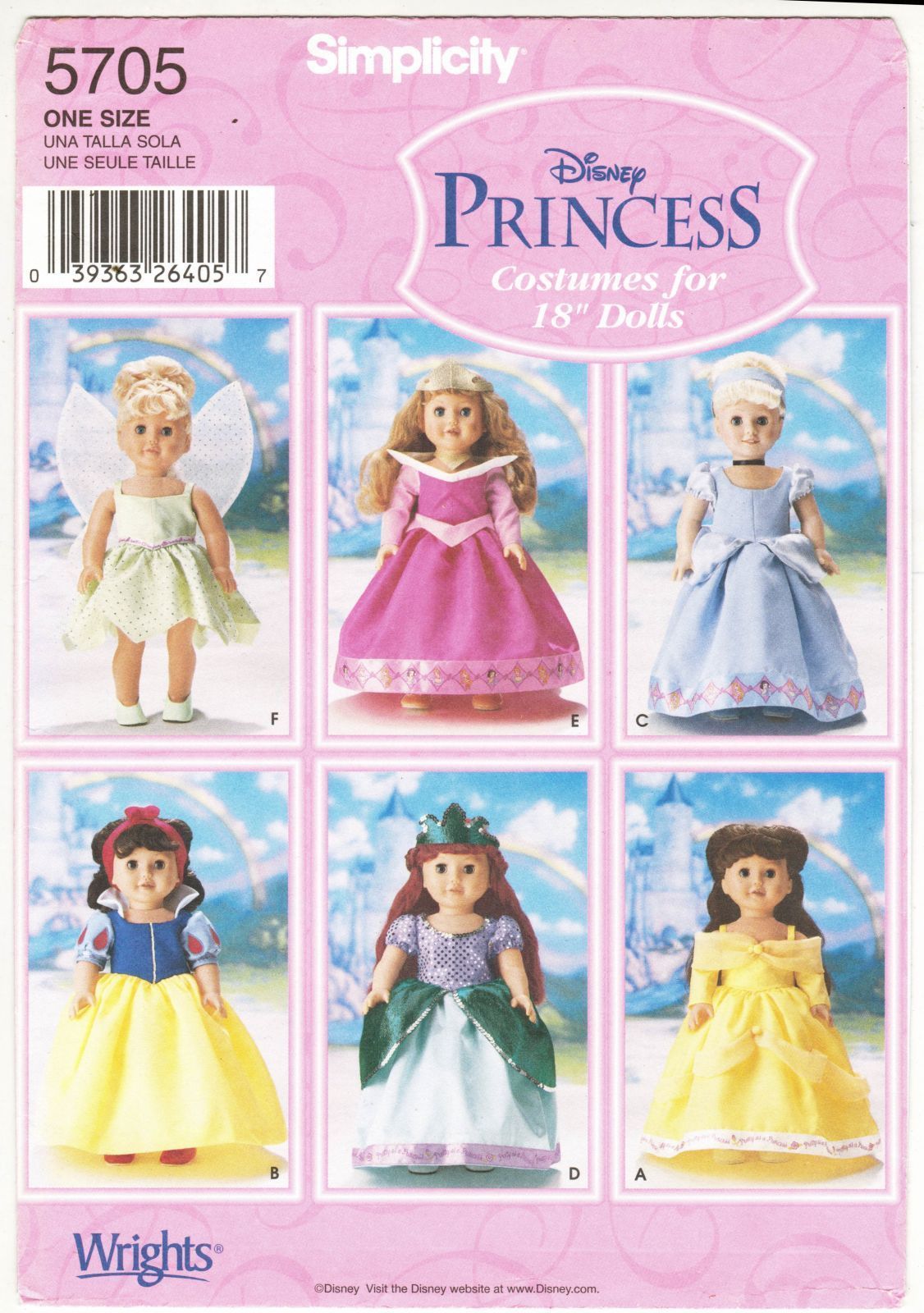 Disney Princess 18" Doll Belle Ariel Cinderella Snow White Costumes Sew ...