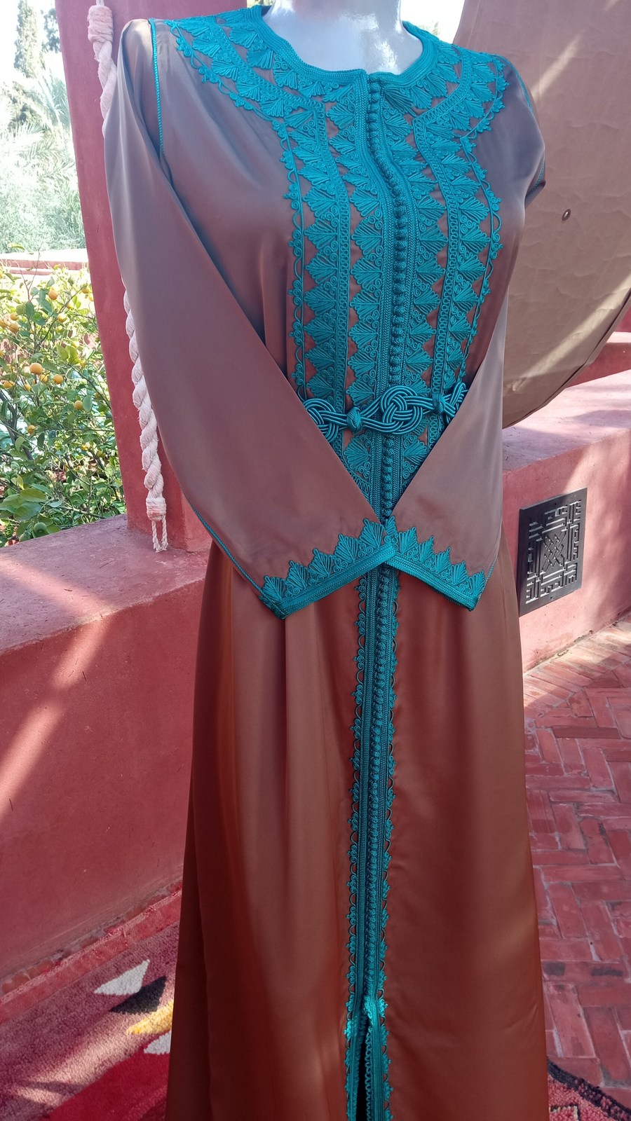 Y2K Brown Moroccan kaftan with Blue, Brown Caftan dress, Evening frock ...