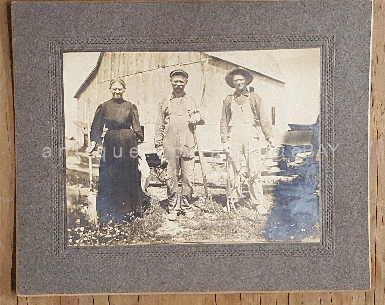 1800s antique PHOTOGRAPH FARMERS MA PA SON barn farm tools rake ...