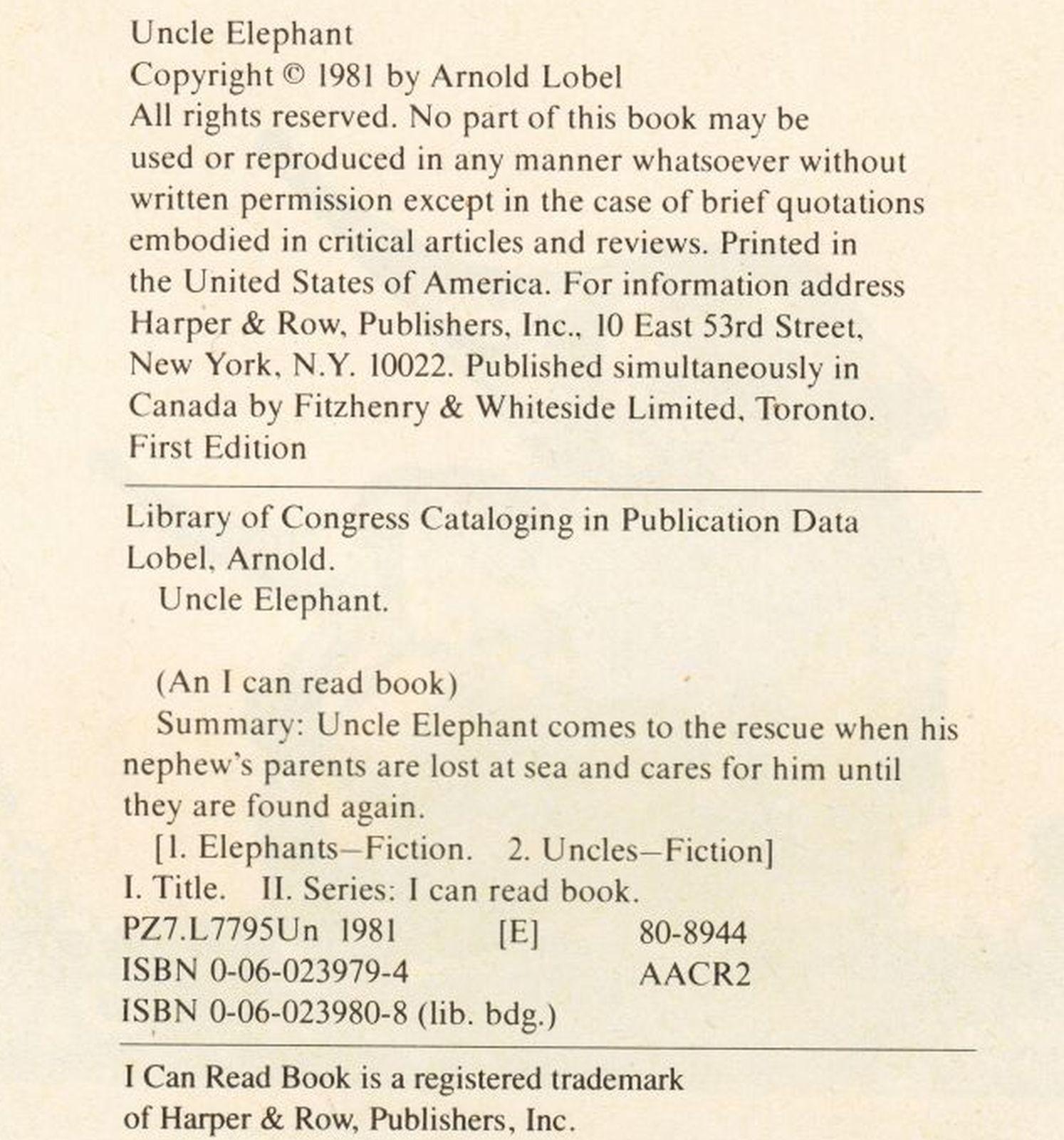 1981 I CAN READ Weekly Reader Uncle Elephant Arnold Lobel HC Book - Books & Magazines