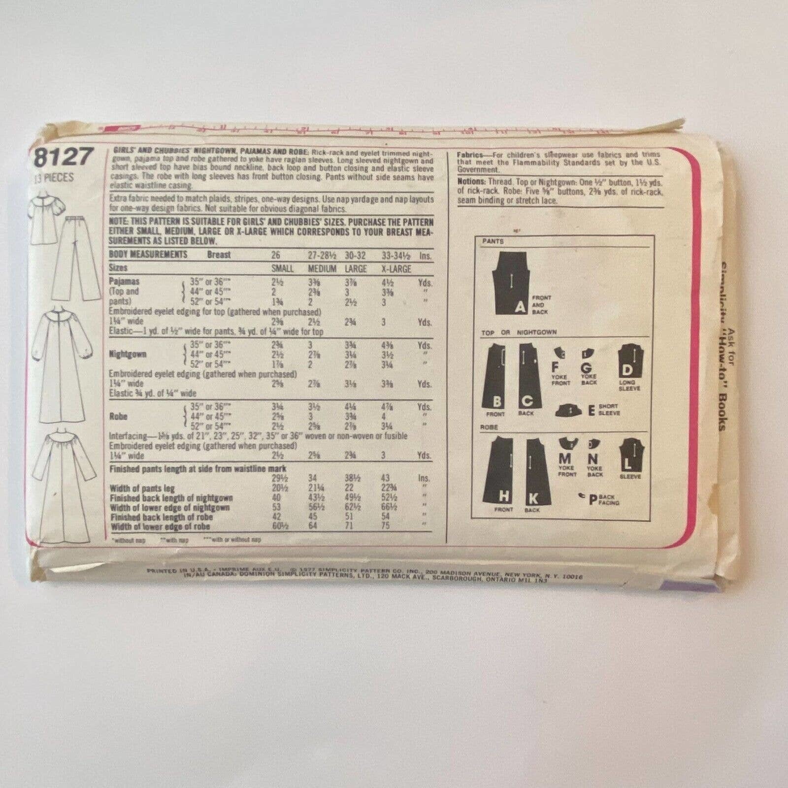 Simplicity 8127 Sewing Pattern Size Large Girls and Chubbies Pajama ...