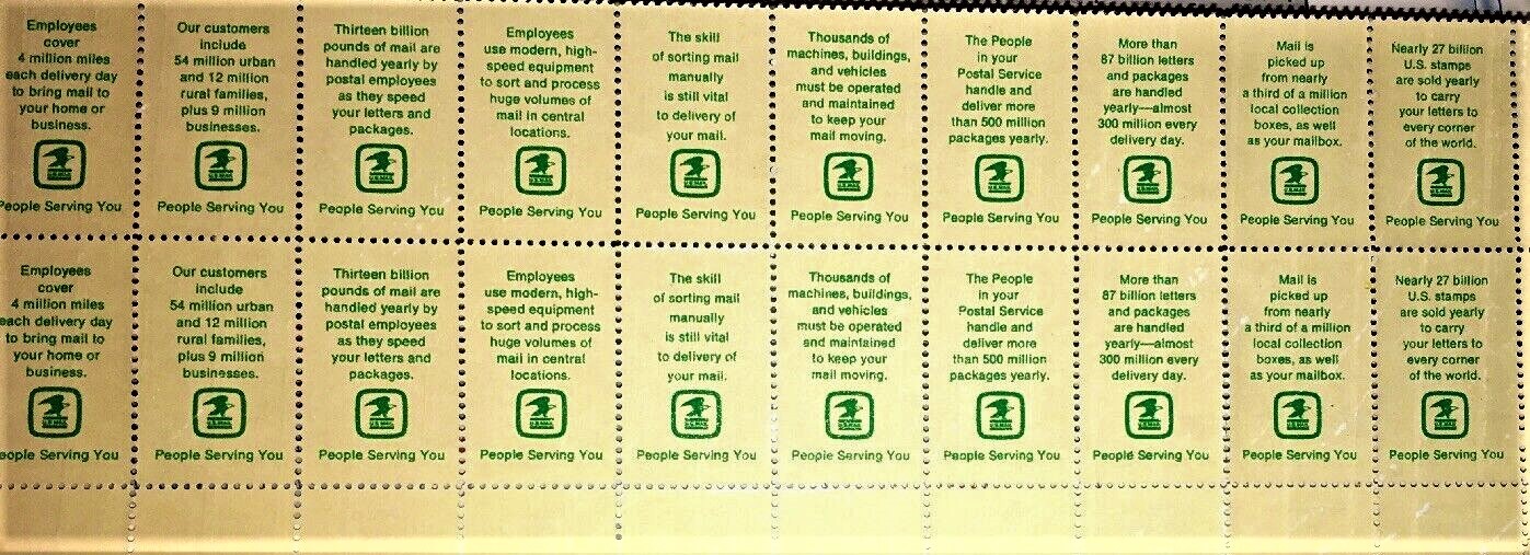 Plate Blocks of Stamps - Postal People Strips 20 Stamps 1973 8 Cent ...