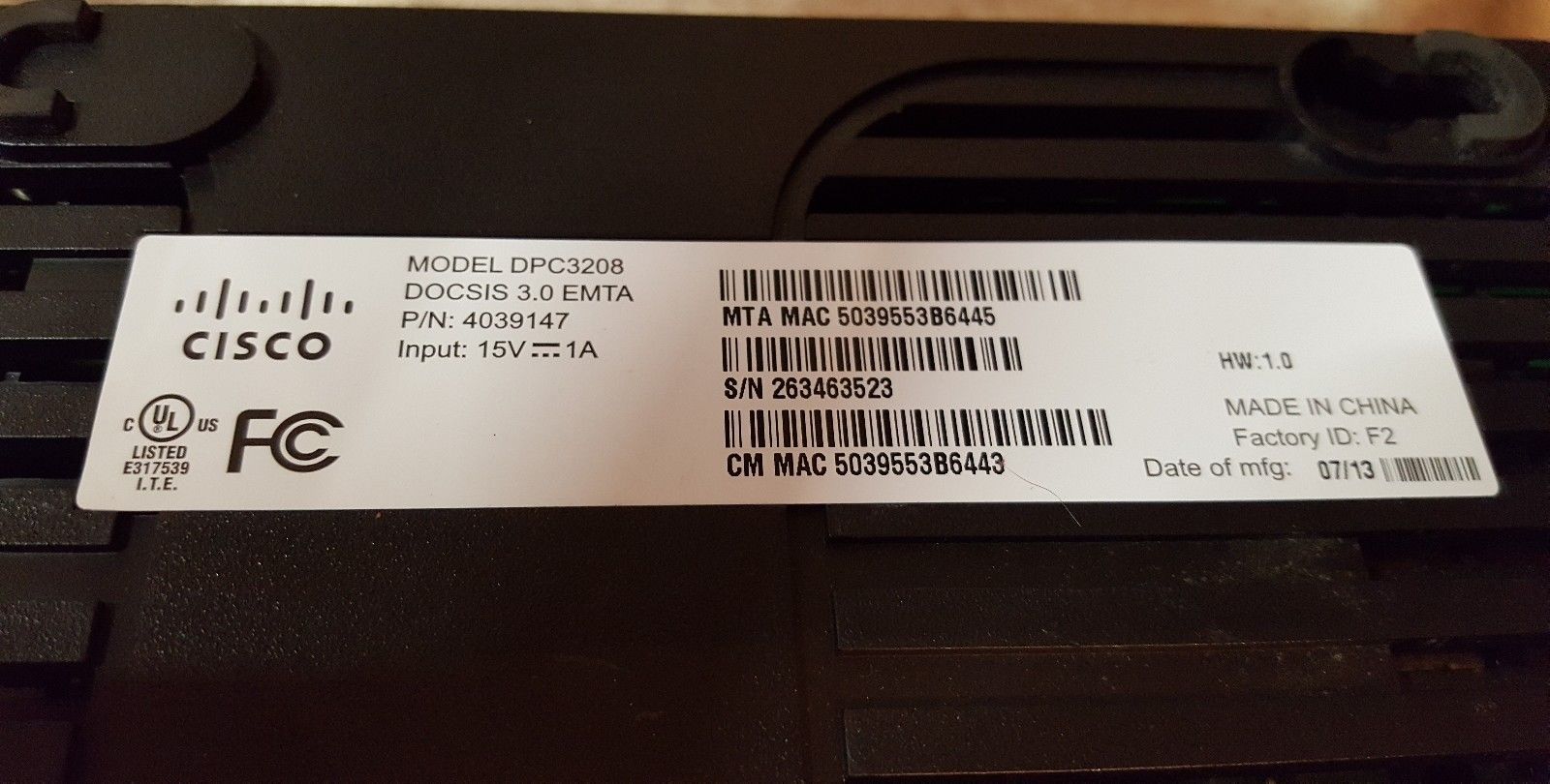 Cisco DPC3208 Wireless Gateway Cable Modem Router Docsis 3.0 no power ...