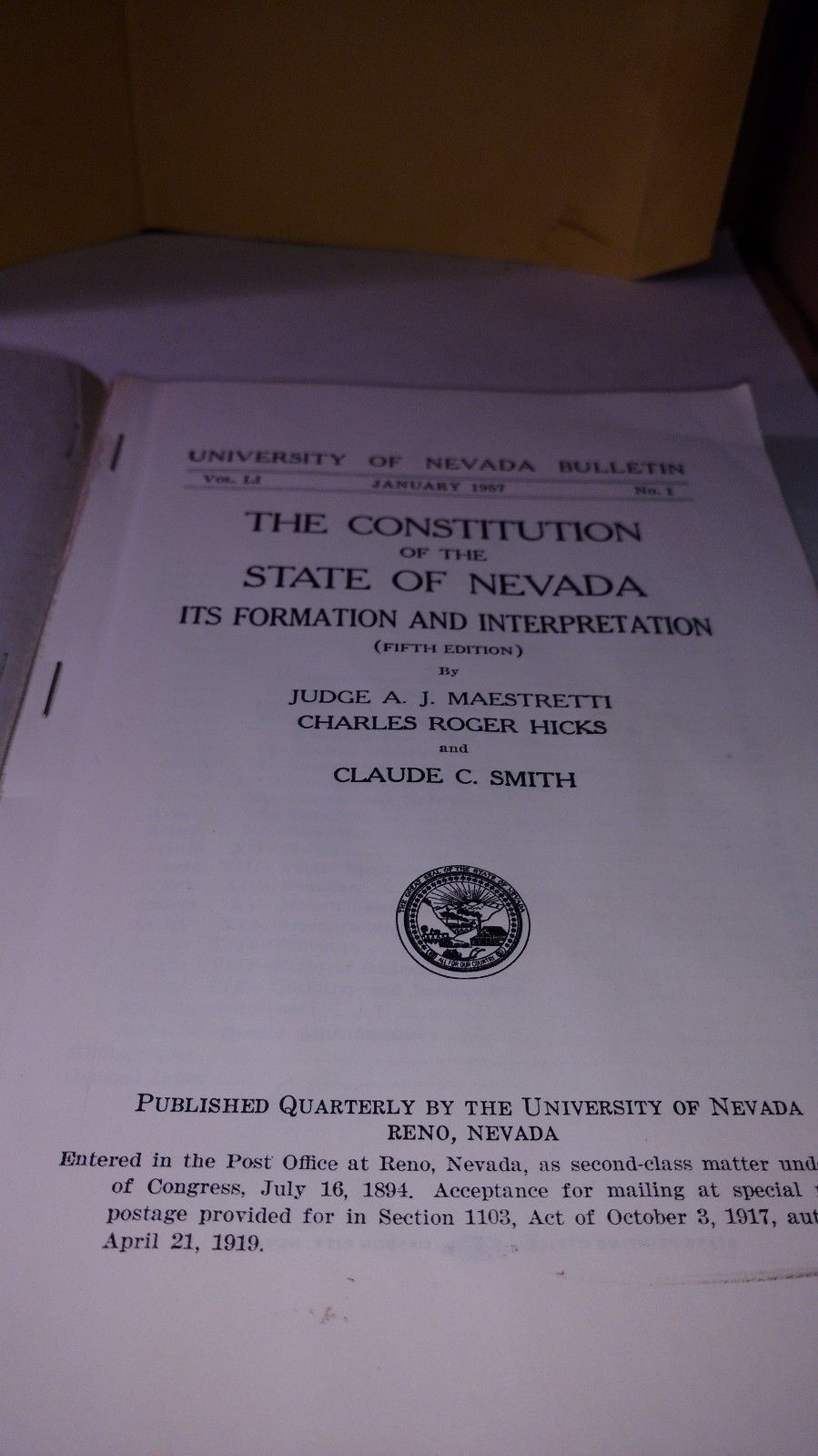 The Constitution of the State of Nevada Its Formation... 1957 (5th ...